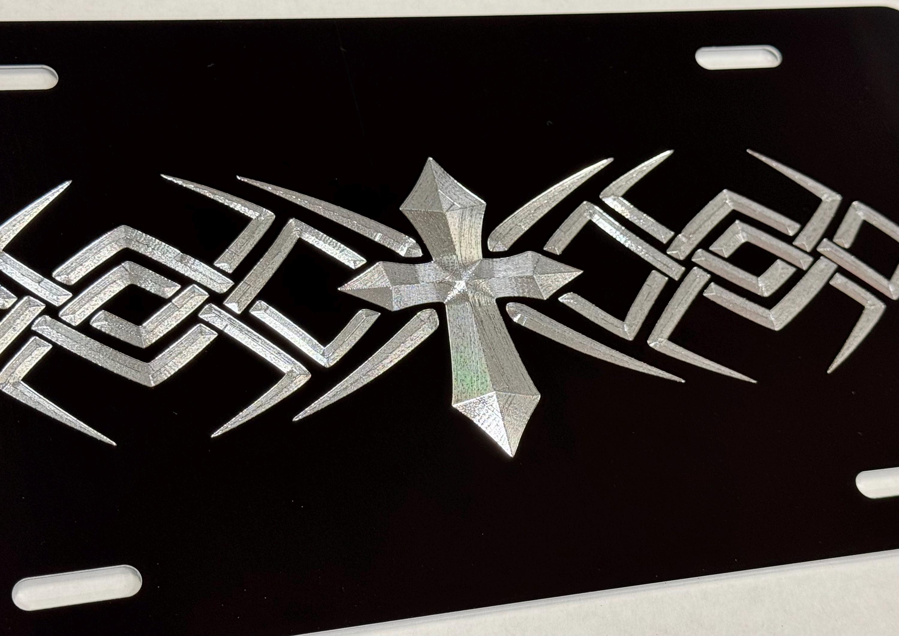 Cyber Sigil Neo Tribal Cross Tattoo License Plate Car Tag Silver ...