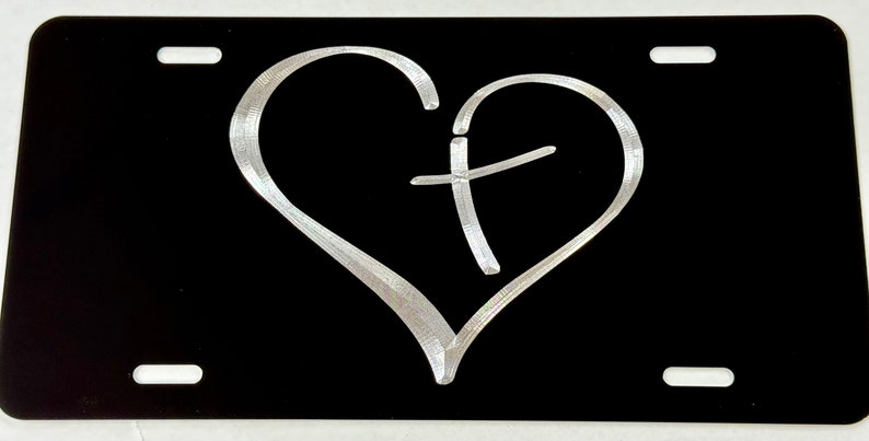 Heart Cross License Plate Christian Car Tag Diamond Etched Engraved on ...