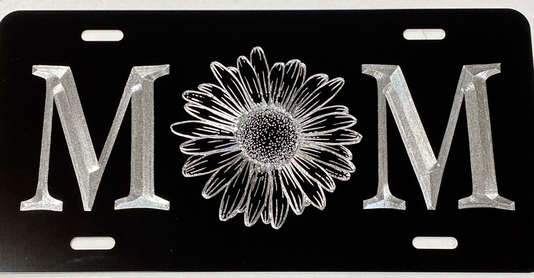 MOM Flower License Plate Engraved Car Tag Silver Diamond Etched on ...