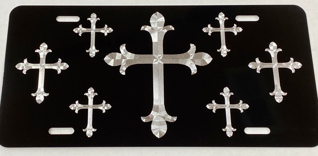 Engraved Cross Crosses License Plate Black Car Tag Diamond Etched on ...