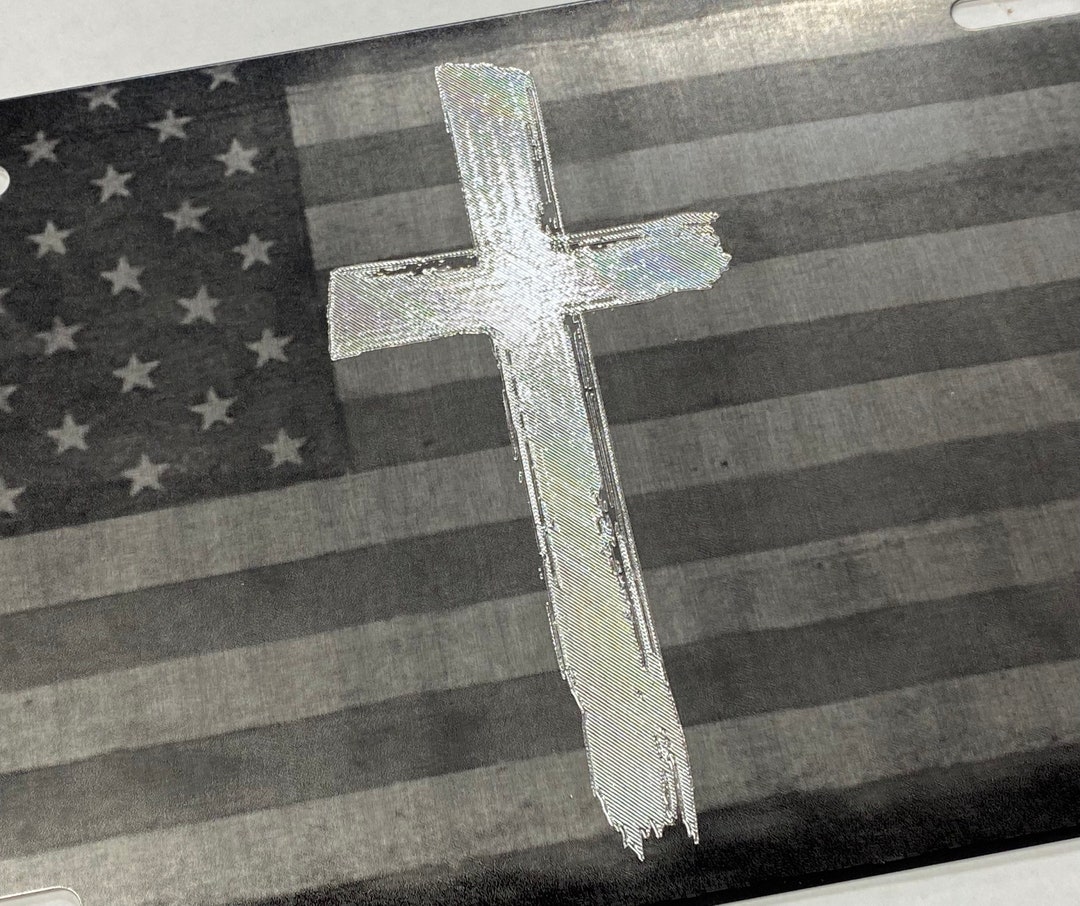 Engraved Cross on US Flag License Plate Car Tag Diamond Etched on Black ...