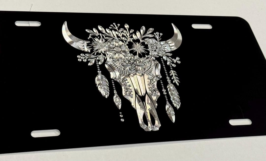 Western Boho Floral Cow Bull Skull License Plate Car Tag Diamond Etched ...