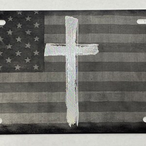 Engraved Cross on US Flag License Plate Car Tag Diamond Etched on Black ...
