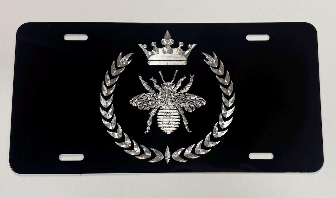 Queen Bee License Plate Car Tag Silver Diamond Etched Engraved on Black ...