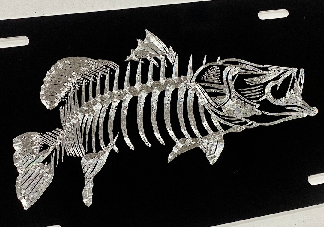 Engraved Skeleton Bone Fish Fishing Gift License Plate Car Tag Diamond ...