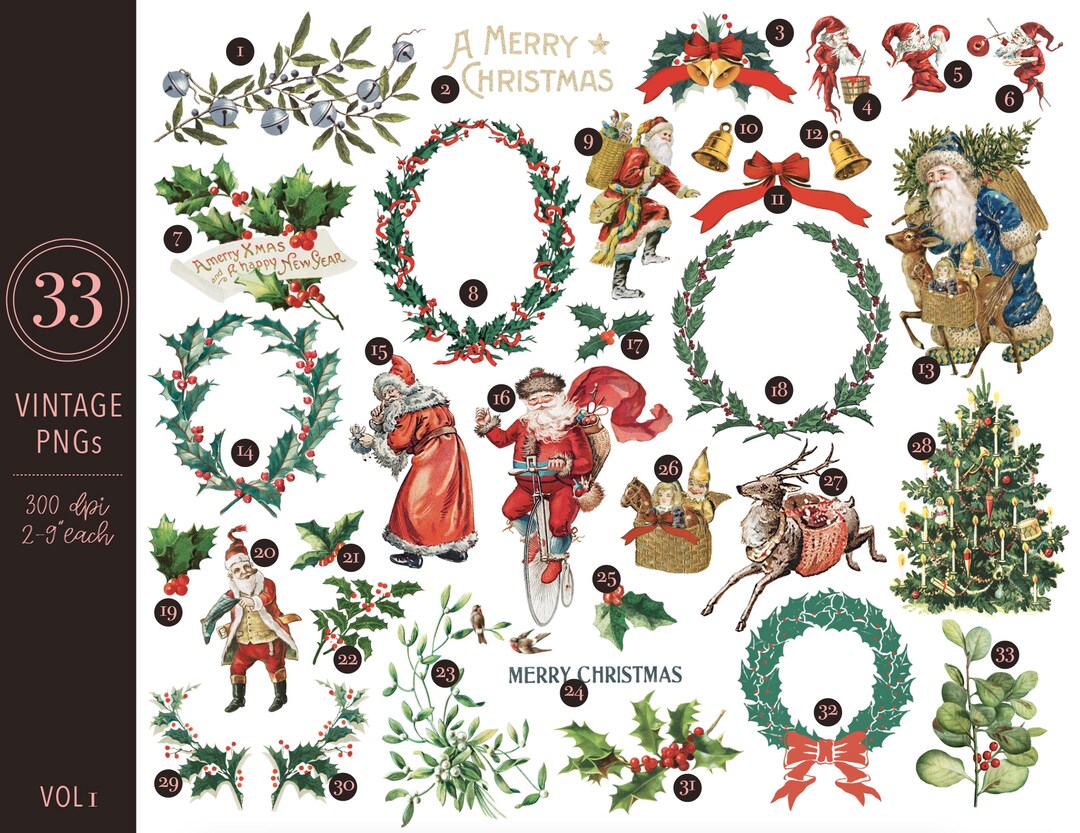 Vintage Christmas Clipart Bundle | Retro Christmas PNG Bundle | Vintage ...
