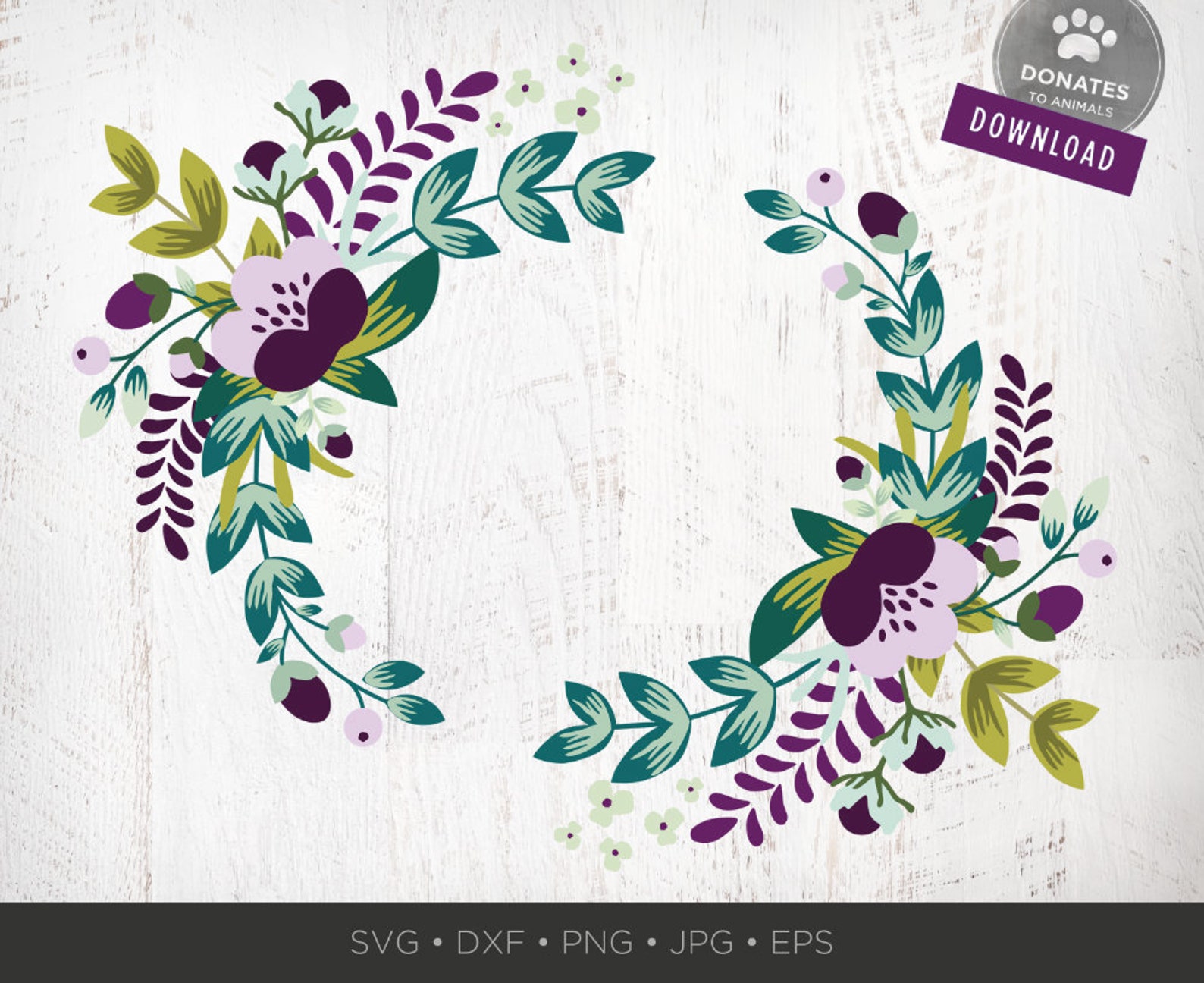 Purple Floral Wreath SVG | Floral Monogram Frame SVG Round Laurel ...
