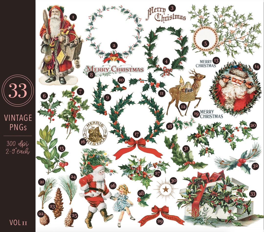 Vintage Christmas Clipart Bundle 2 | Retro Christmas PNG Bundle ...