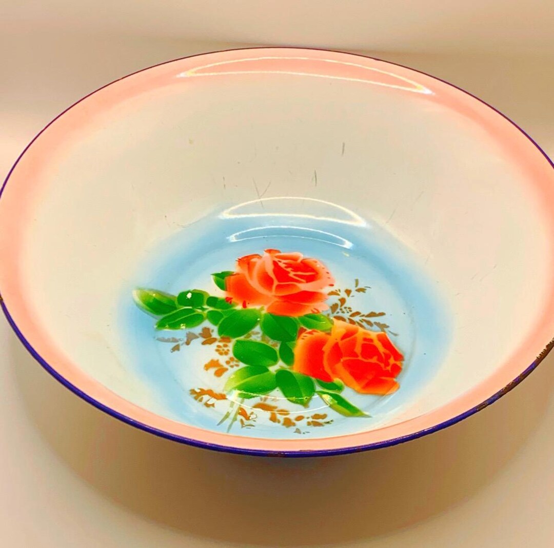 1960’s Large Vintage Enamel Basin Bowl| Retro Peacock Bowl With Red ...