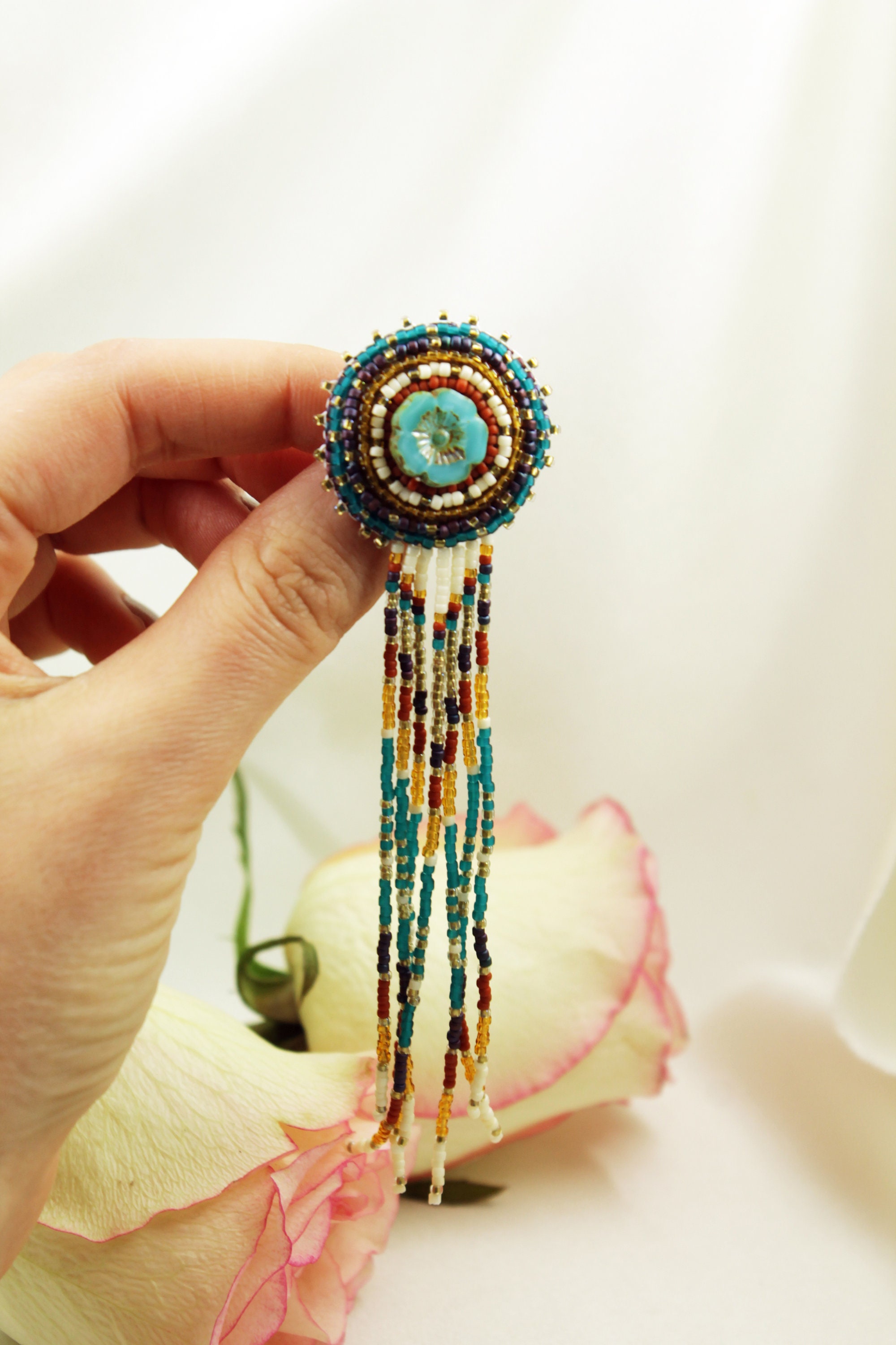 Seed bead flower fringe brooch Beaded embroidery bohemian long | Etsy