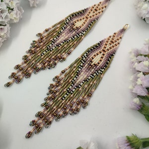 Beaded Natural Color Palette Long Fringe Earrings Seed Bead Olive Beige ...