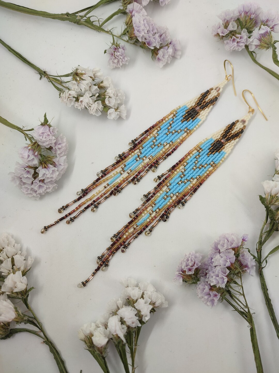 Beaded Natural Palette Color Long Fringe Earrings Seed Bead - Etsy