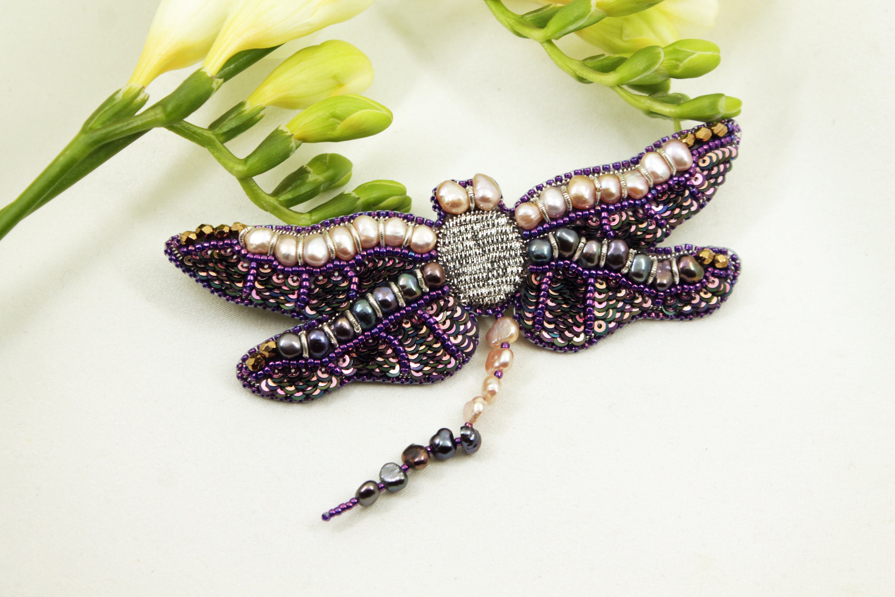 Seed bead embroidery dragonfly brooch Beaded pearls purple | Etsy