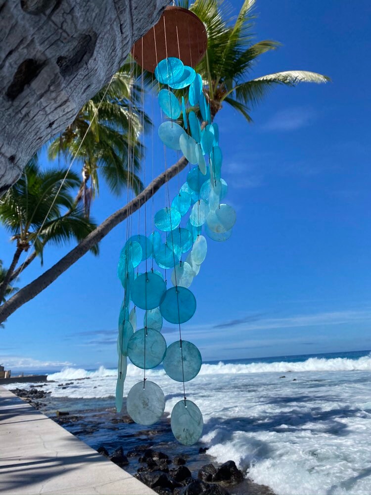 Capiz Shell Wind Chime Ocean Nautical Decor. Sea Blue Beach Cascade ...
