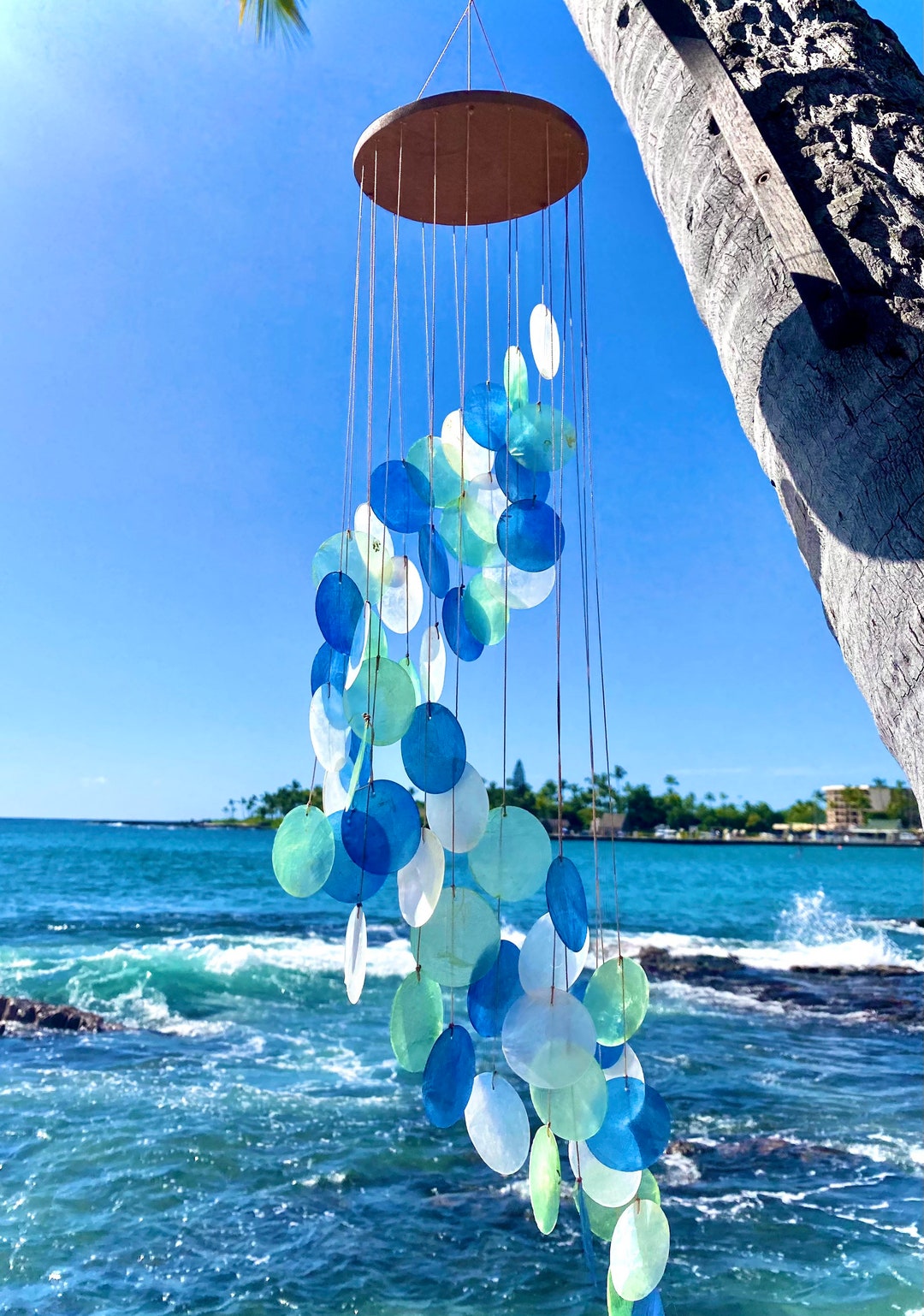 Capiz Shell Wind Chime Ocean Nautical Decor. Sea Blue and White Sea ...