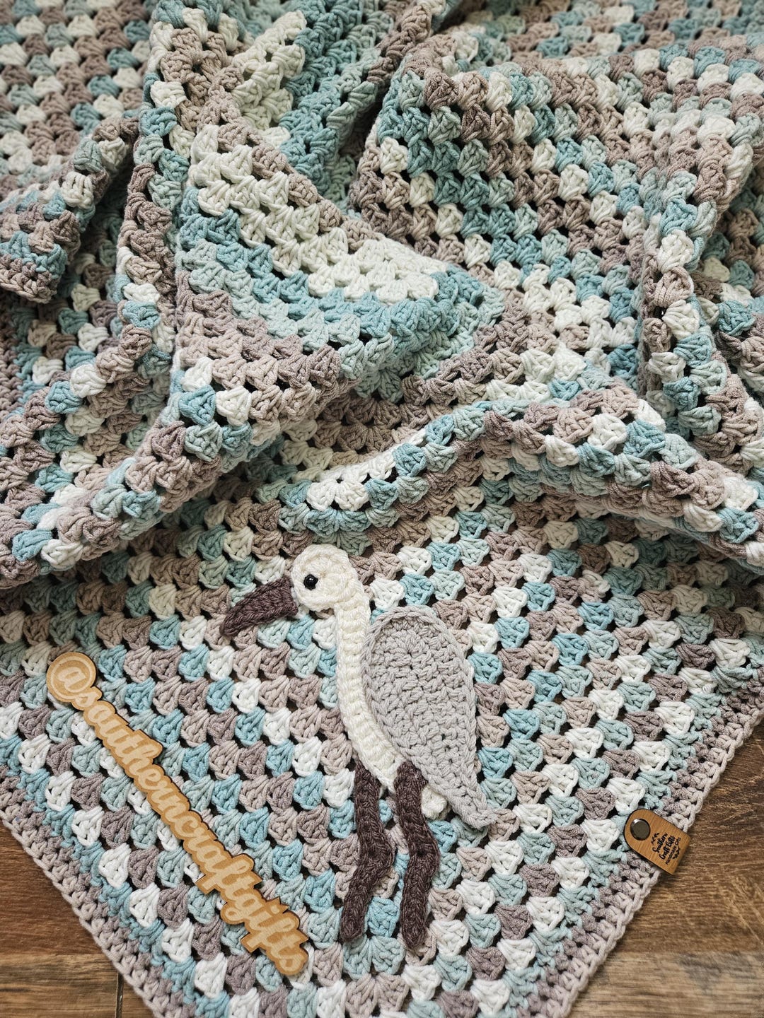 Crochet Baby Blanket | Heron Bird Applique, Blue Cream Taupe - Etsy