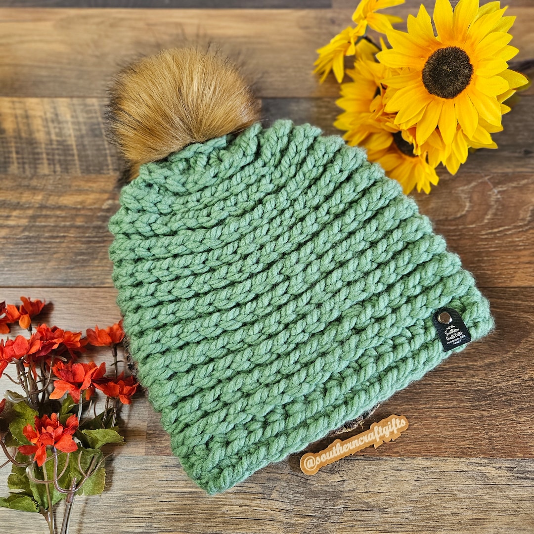 PNW Beanie in Sage Green for Adults, Winter Accessories for Her, Pom ...