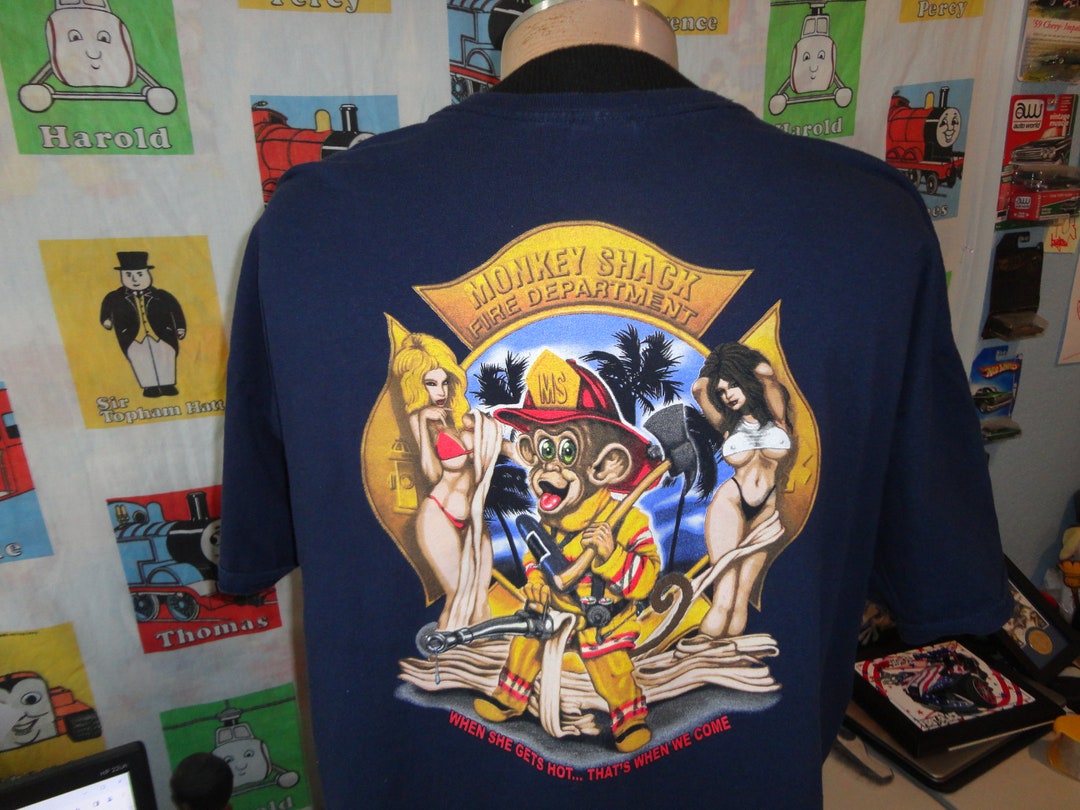 Vintage Monkey Shack Fire Department Fireman Sexy Bikini Girl T Shirt ...
