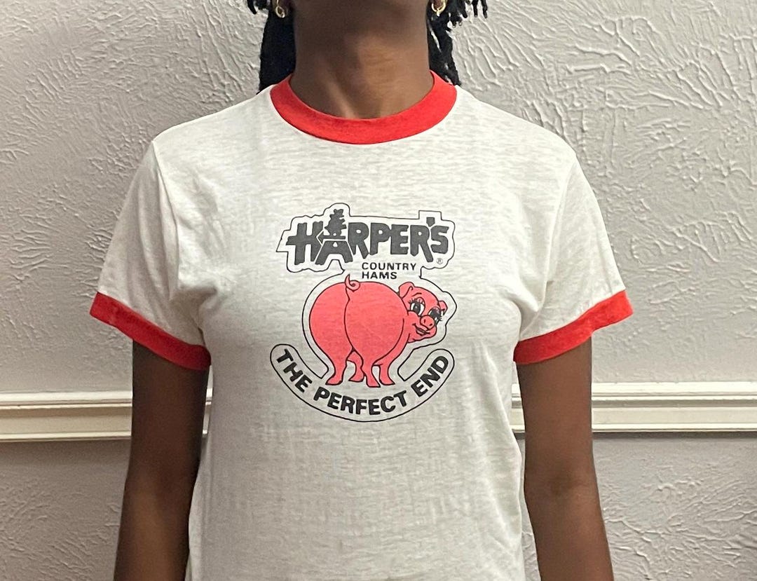 Vintage 80s Harpers Country Hams the Perfect End White Pig Ringer T ...