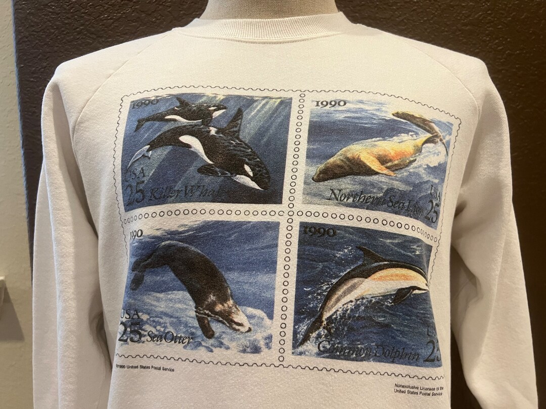 Vintage 90's Marine Animals Postage Stamp White Crewneck Sweatshirt ...