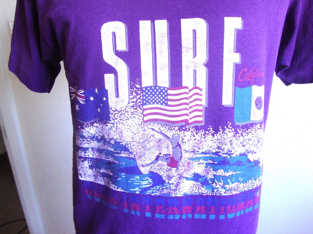 Vintage 80's Surf USA American Flag Surfing Purple Single Stitch T ...