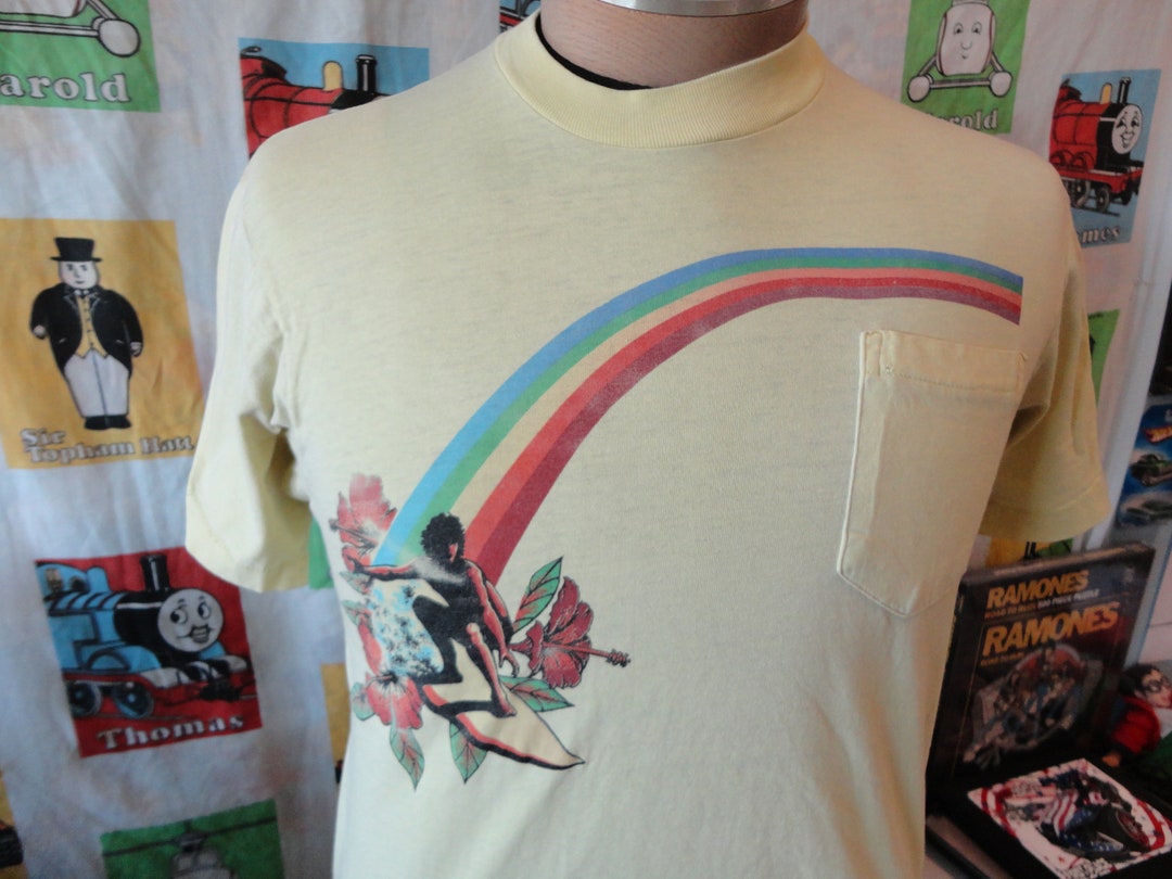 Vintage 80's HOBIE Rainbow Stripe Surfing Pocket Floral Yellow Surf T ...