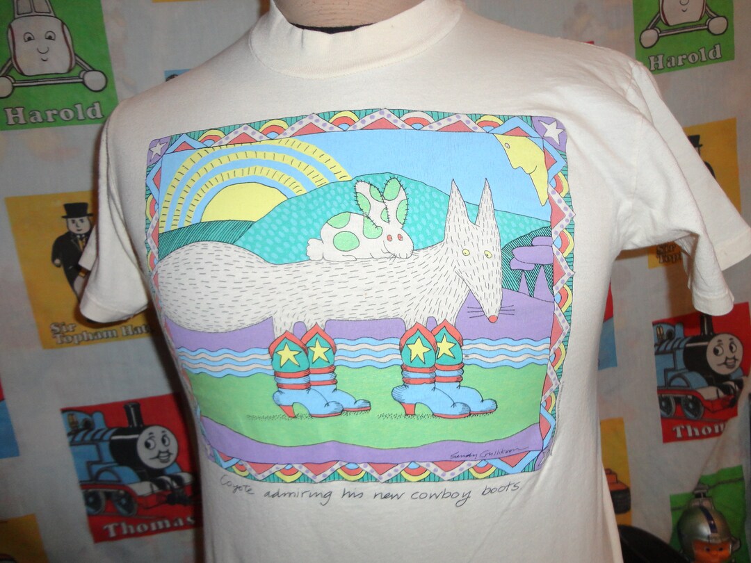 Vintage 80's Sandy Gullikson Coyote Admiring New Cowboy Boots Rabbit T ...