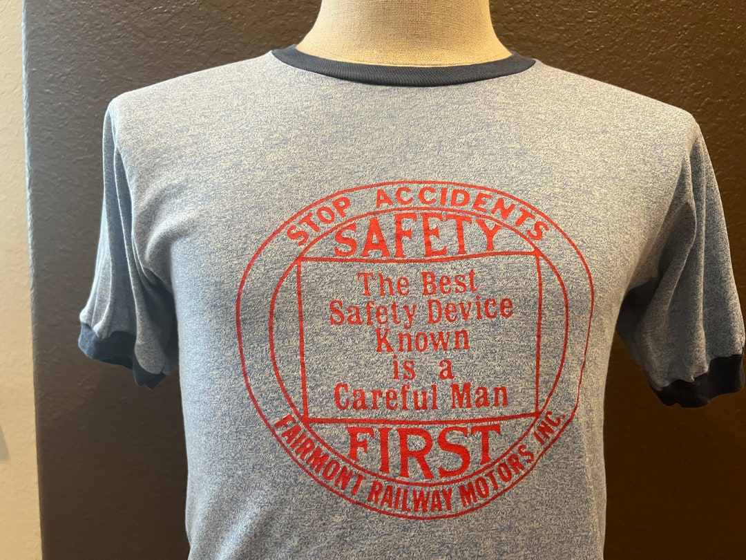 Vintage 80's Safety First Stop Accidents Fairmont Railway Motors Blue T ...