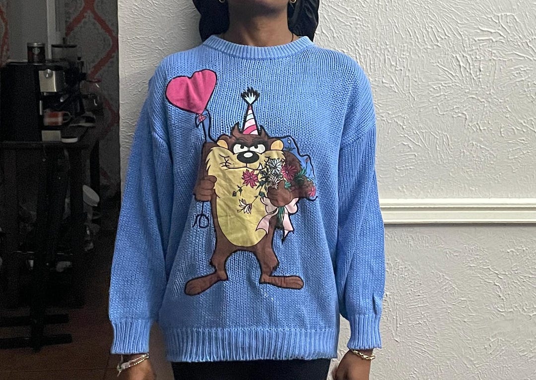 Vintage 90s Looney Tunes TAZ Shoulder Pads Sweater Modeled Size S - Etsy