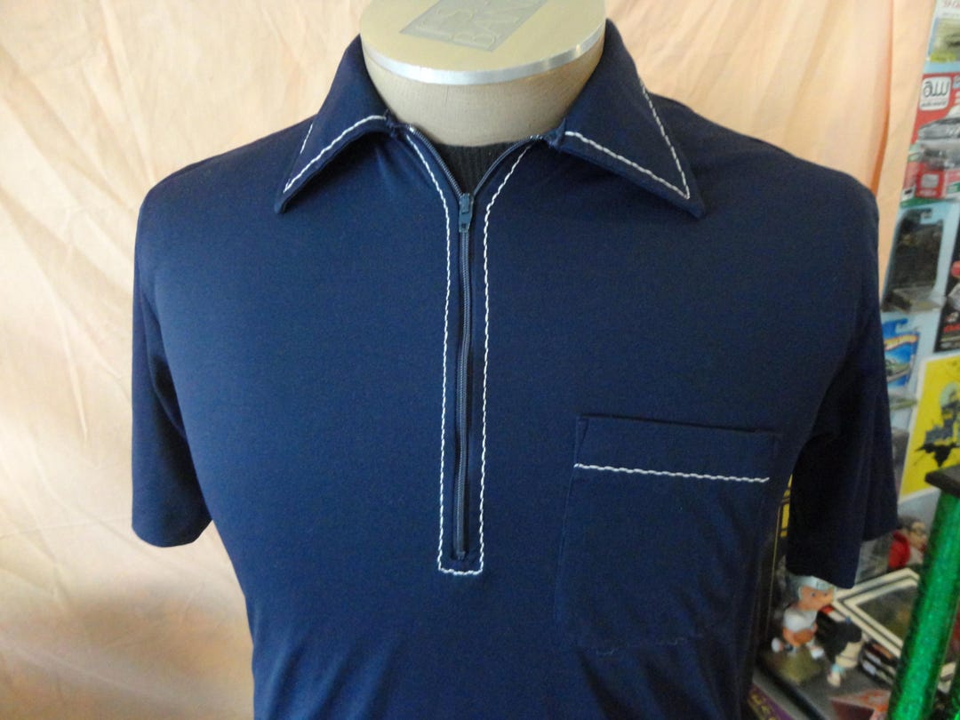 Vintage 70's Navy Blue Disco Collar Short Sleeve Career Club Polyester ...