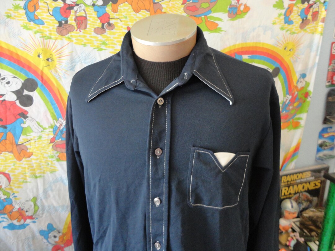 Vintage 70's Navy Blue Disco Collar Long Sleeve Polyester Shirt Size L ...