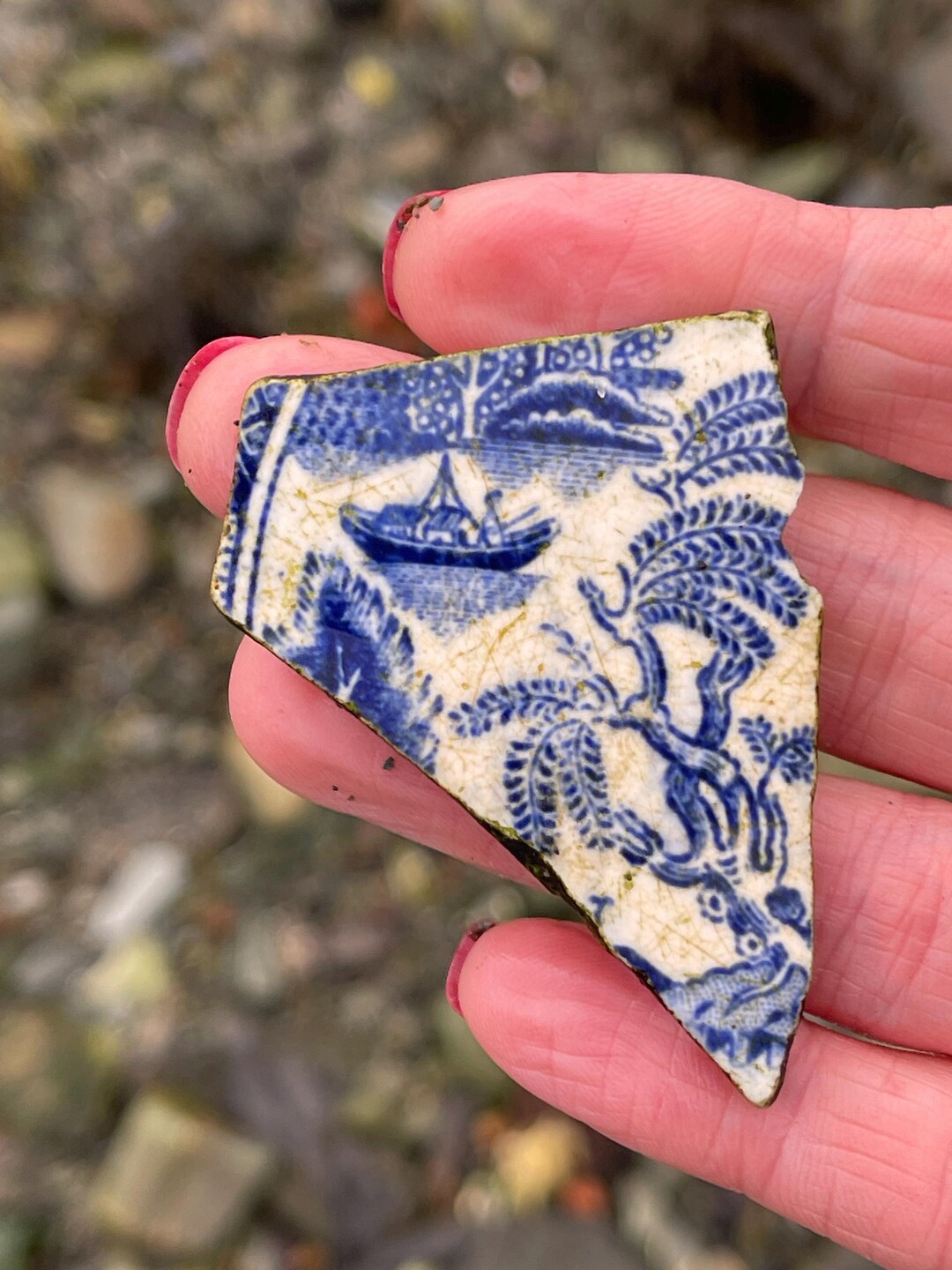 DOUBLE-SIDED Blue Willow Pottery Shard: Boat and Tree. Irish Sea ...