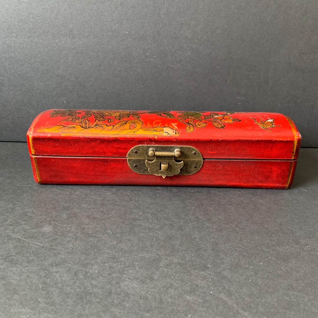 Chinese Red Lacquer Wood Box With Hand Painted Florals Birds and ...
