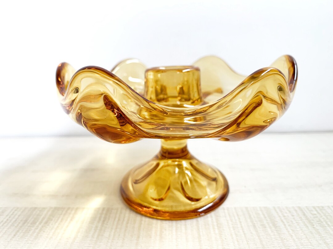 Viking Glass Epic Candlestick Holder, Vintage Viking Glass Amber Taper ...