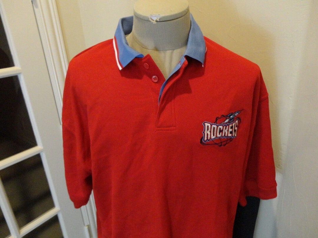 Vtg 90's Red Rocket Ship SEWN Houston Rockets NBA Basketball Polo Shirt ...