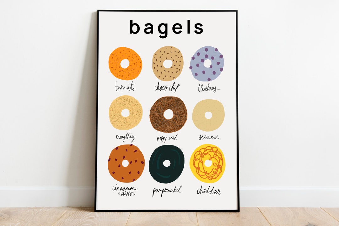 Bagels Art Print, Types of Bagels Poster, Bakery Art Print, Food Poster ...