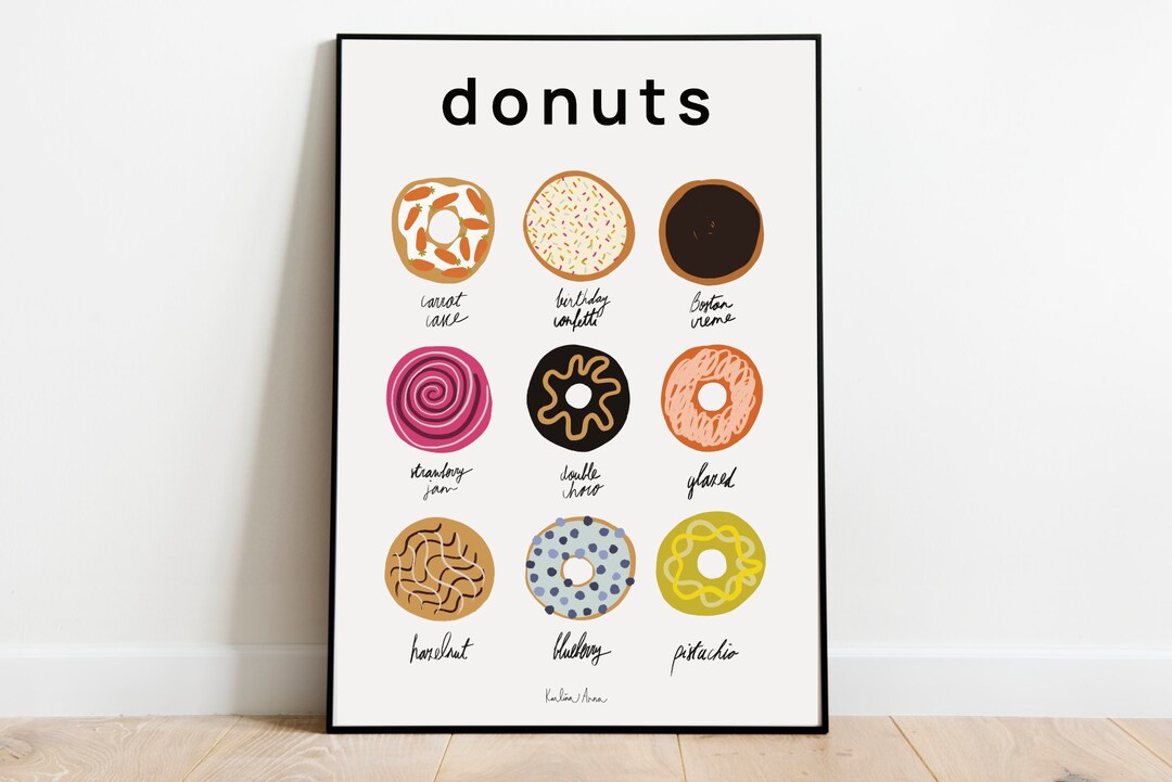Donuts Art Print, Kitchen Art Print, Dozen Donuts, Food Illustration ...