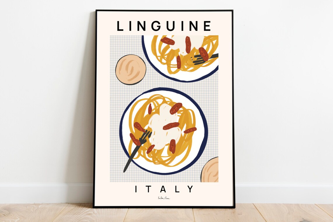 Linguine Print, Pasta Poster, Food Illustration, Kitchen Art, Modern ...