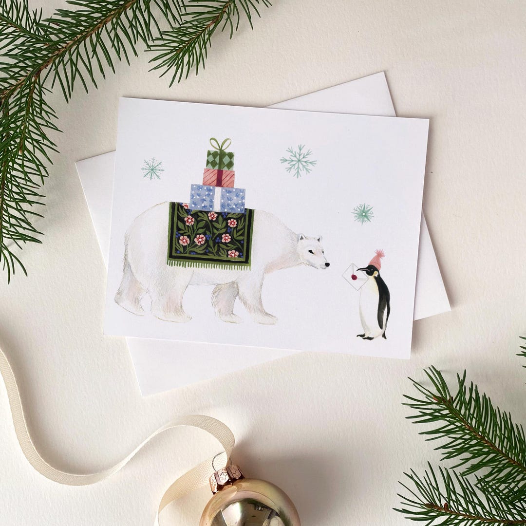 Polar Bear and Penguin Holiday Note Card - Etsy