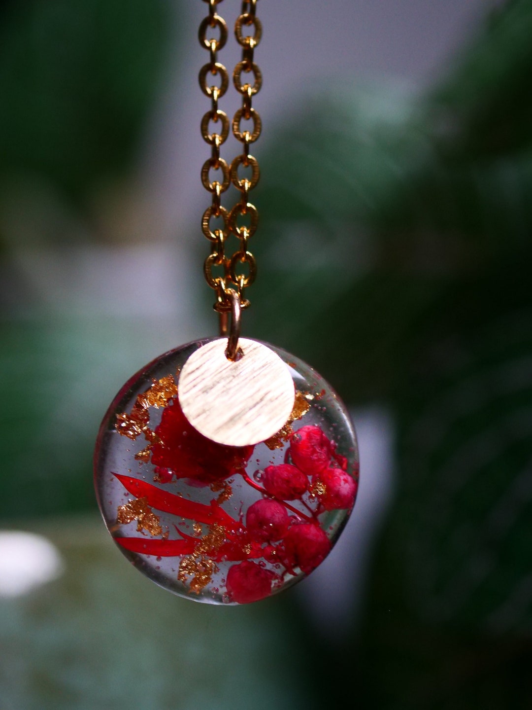 Collier femme • bouquet pressé en acier inoxydable • Bijoux résine et ...