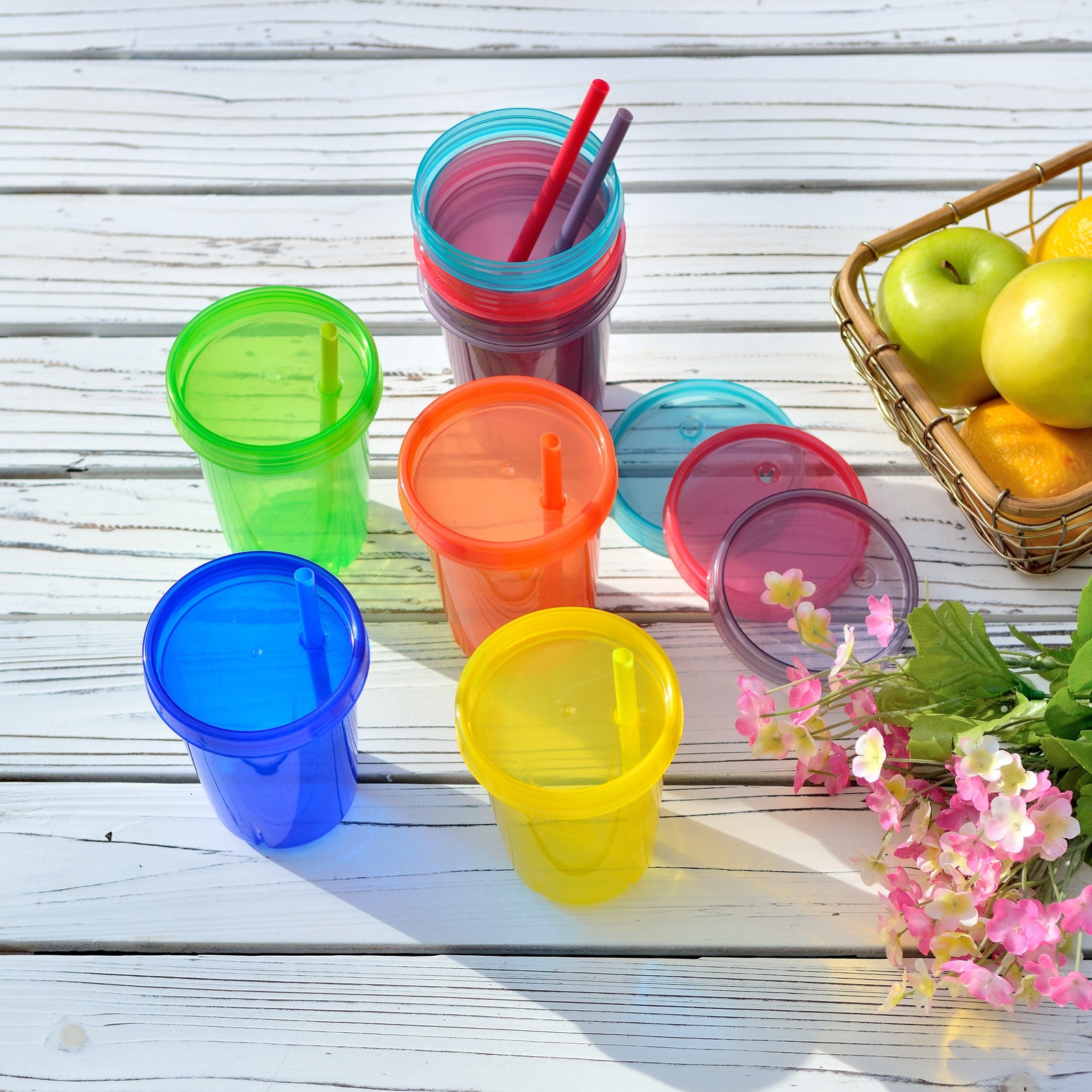 Youngever 7 Sets Plastic Kids Cups With Lids and Straws 7 | Etsy