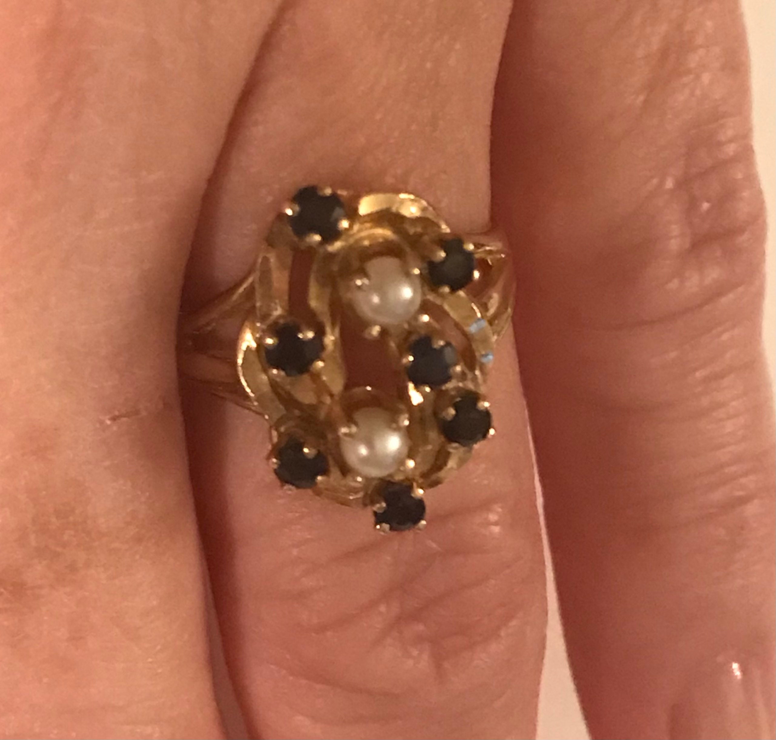 14k Blue Sapphires and Seed Pearls Ring Yellow Gold Size 7 Free Form ...