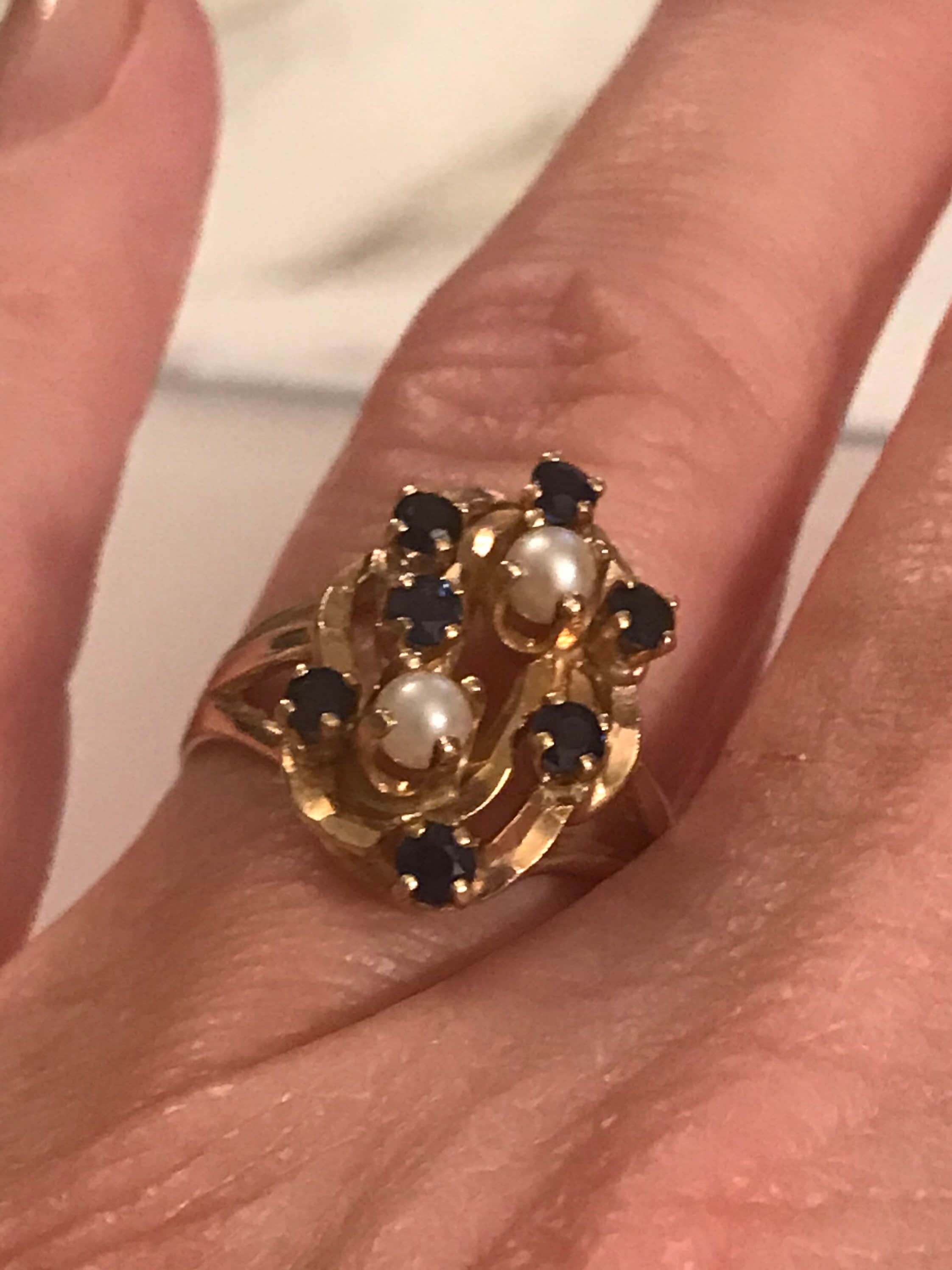 14k Blue Sapphires and Seed Pearls Ring Yellow Gold Size 7 Free Form ...