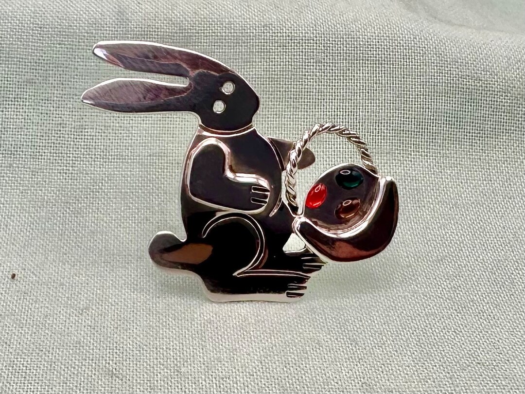 Anne & Jane Harvey Easter Bunny With Basket of Eggs Brooch Adorable Pin Sterling Silver Enamel ...