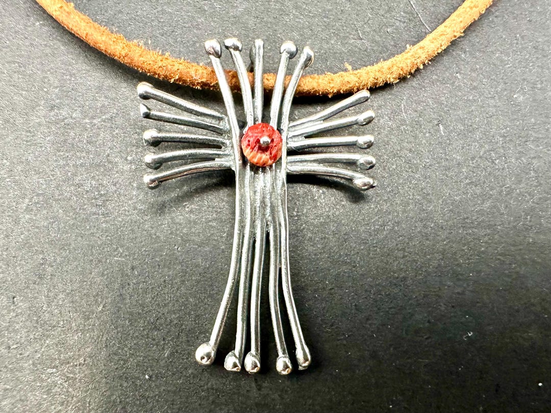Beit Nir Israel Sterling Silver Cross Small Coral Bead Pendant Necklace ...