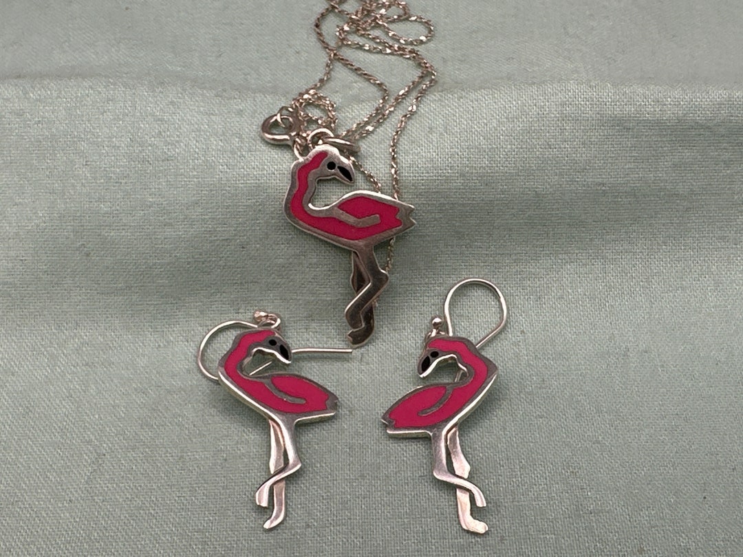 Anne Harvey Enamel Pink Flamingo Pendant Necklace and Earrings Set ...