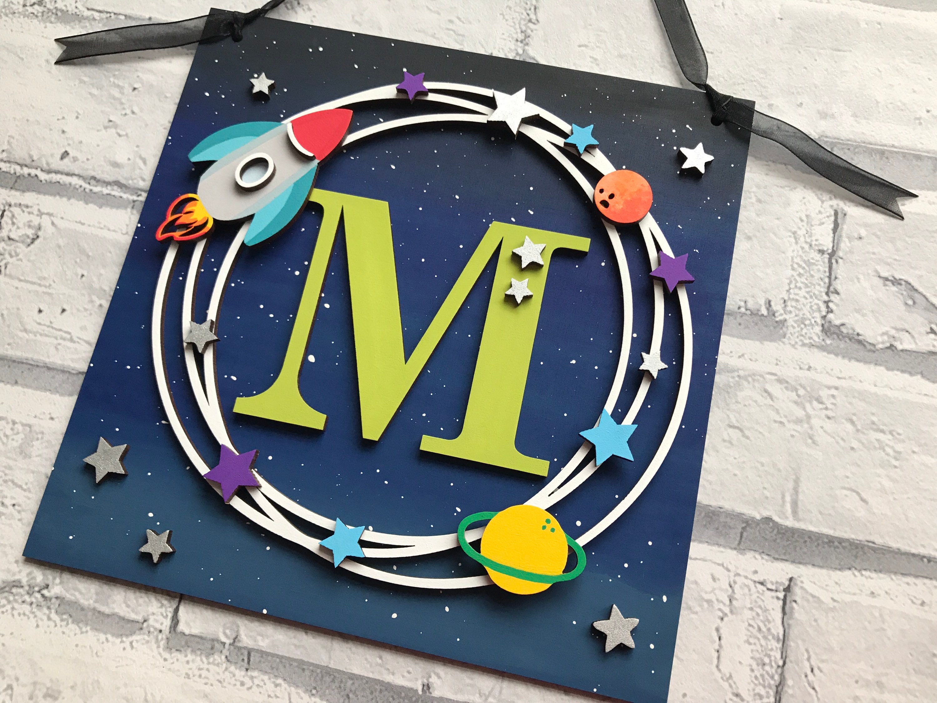 Space rocket stars and planet themed wall sign plaque kids | Etsy