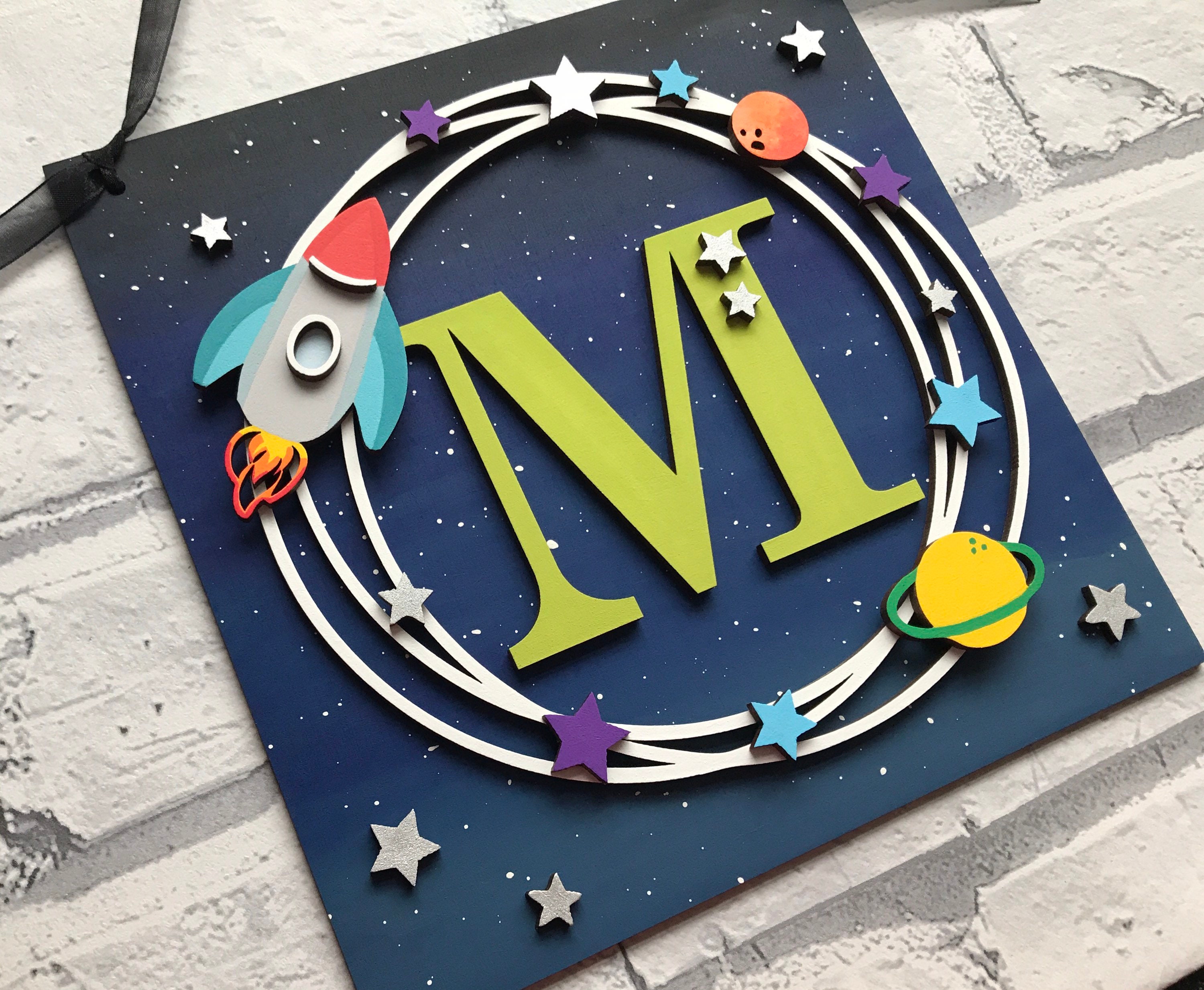 Space rocket stars and planet themed wall sign plaque kids | Etsy