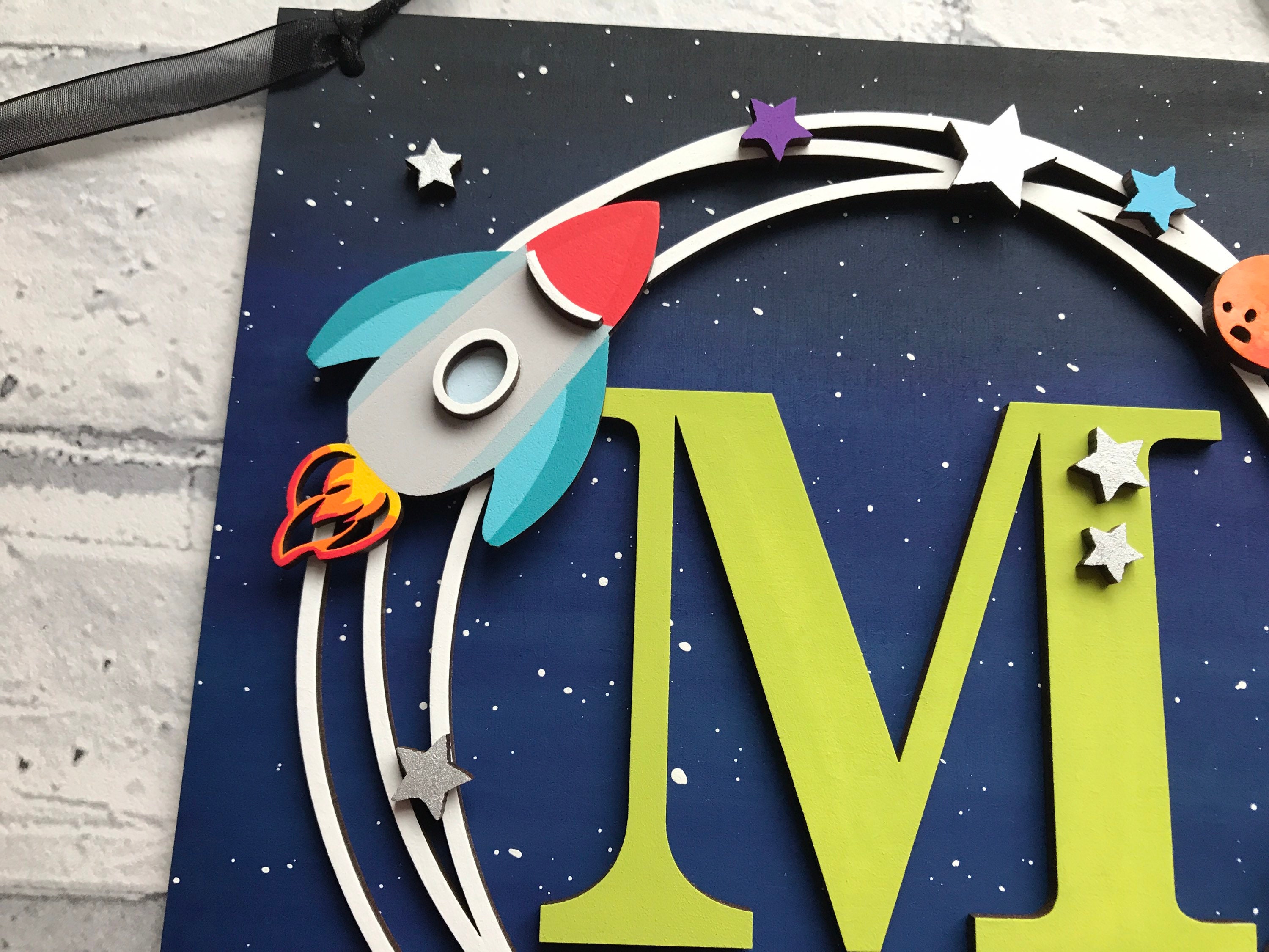 Space rocket stars and planet themed wall sign plaque kids | Etsy