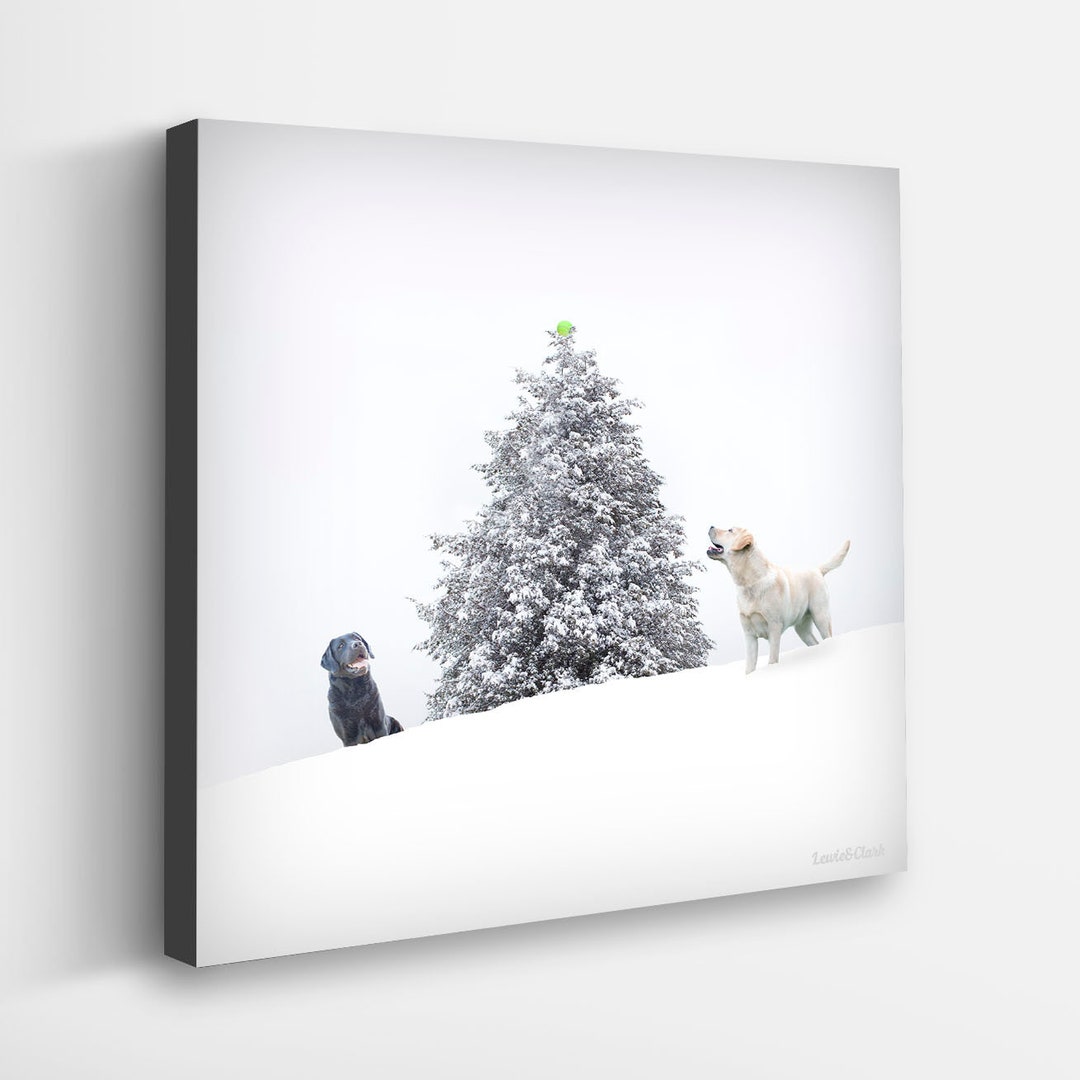 Winter Wonderland Dog Art Print - Yellow, Black Labradors in Snow Scene ...